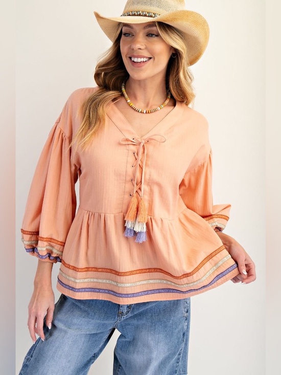 easel | Tops | Easel Blush Lace Up Tassel Embroidered Tunic | Poshmark